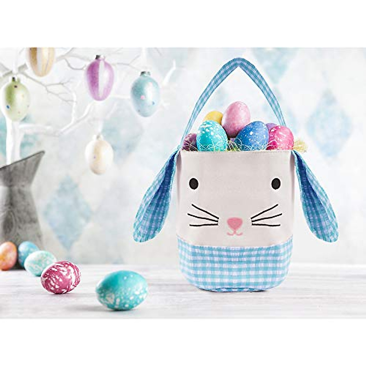 Easter Bunny Basket with Cute Ears, Easter Bunny Tote Bag for Kids Eggs Hunting, Candy and Gifts Carry Bucket at Easter Party (Blue)