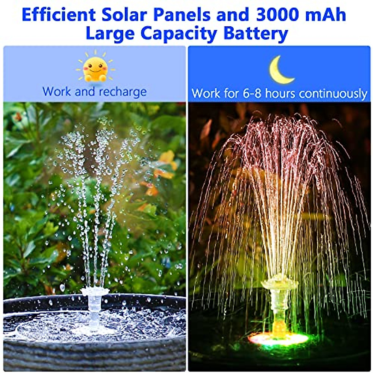 AISITIN 6.5W DIY Solar Fountain Pump Built-in 1500mAh Battery & 5.5W LED Solar Fountain Pump with Colorful Lights & 3000mAh Battery, Solar Water Fountain Pump for Garden, Ponds, Fish Tank and Outdoor