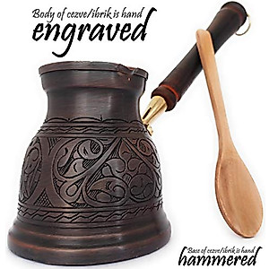 DEDE Copper - IST Series (XLarge-16.9 floz)-Thickest Solid Copper Engraved Turkish Greek Arabic Coffee Pot with Wooden Handle, Stovetop Coffee Maker Cezve, Jezve, Jazva, Jazzve, Ibrik, Briki (Antique)