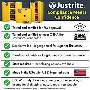 JUSTRITE 894500 Sure-Grip EX Standard Safety Cabinet, 43w x 18d x 65h, Yellow