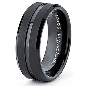 Personalized Black Matte Striped Tungsten Ring Custom Engraved Free - 7mm Black Wedding Band - Ships from USA