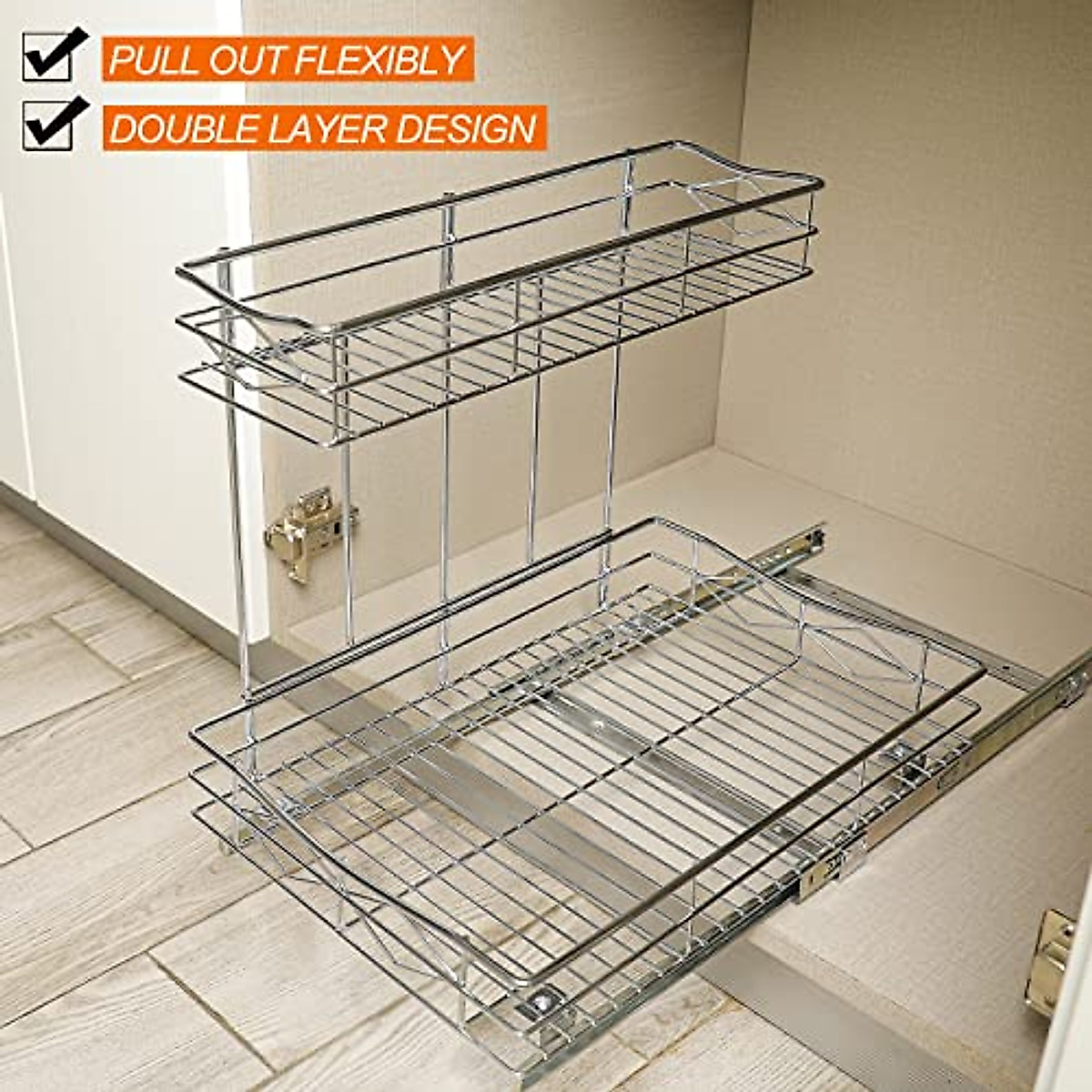 TQVAI Pull Out Cabinet Organizer, 2 Tier Under Sink Storage Shelf with Sliding Drawer, Wire Kitchen Slide Out Basket - 11.75W x 17D x 15.38H, Request at Least 12.5" Cabinet Opening