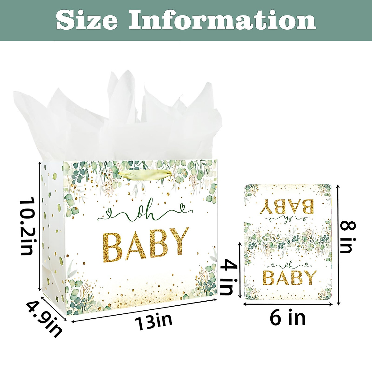 13" Large Baby Boy Girl Gift Bag for Baby Shower or Birthday with Handle, Tissue Paper and Greeting Card (Sage Green Design)
