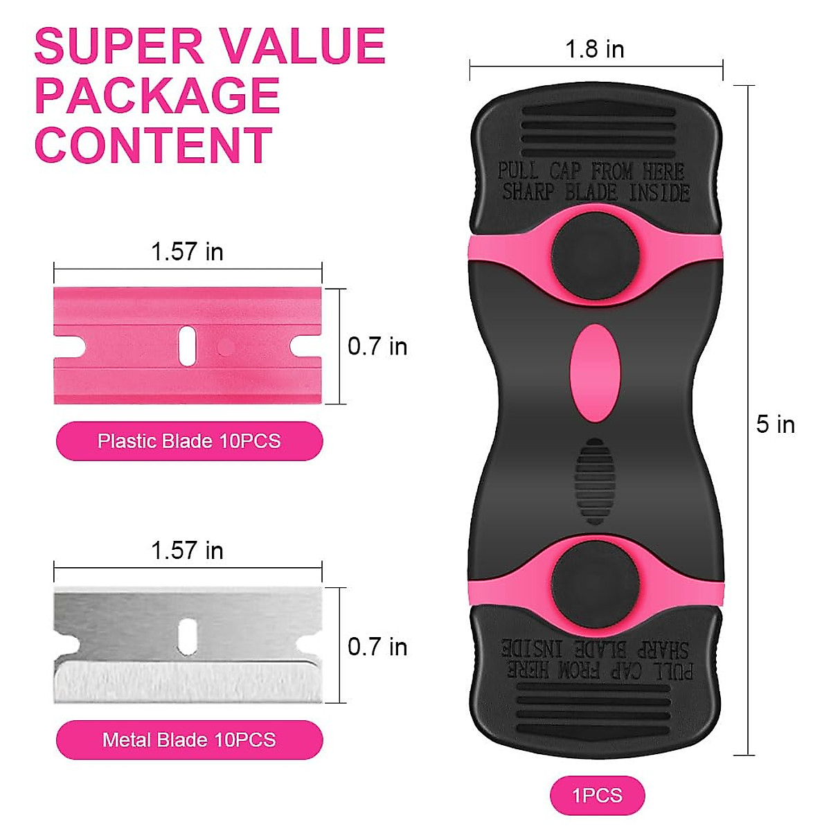 Ainiv Razor Blade Scraper, 2-in-1 Scraper Tool with 10PCS Metal Blades and 10PCS Plastic Blades, Multi-funtional Cleaning Razor Scraper for Decals, Stickers, Labels, Caulk, Adhesive Removal(Pink)