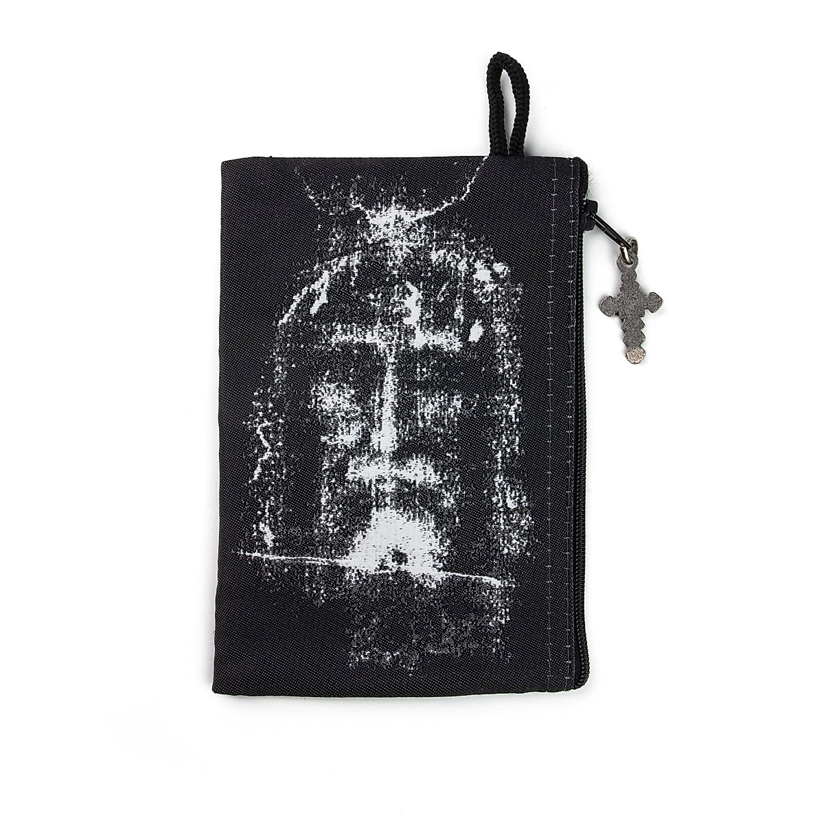 Catholic Rosary Pouch, Shroud of Turin & the Lord's Prayer, 4" x 6" Jewelry & Coin Purse with Cross, Small Woven Tapestry Icon Bag, Bolsa de Rosario Católico para Joyería