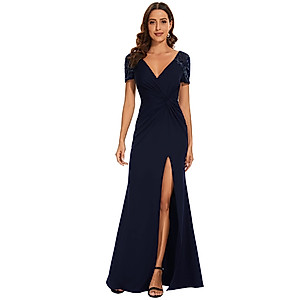 Ever-Pretty Women's V-Neck Ruffle Sleeves V Back Bodycon Formal Gowns and Evening Dresses Navy Blue US10