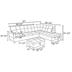 NOTOP 3-Piece Corduroy L-Shaped Sectional Sofas, Button Tufted Upholstered Couch Set with Right Chaise Longue and Storage Ottoman, for Living Room, Home, Office, 97, Dark Brown