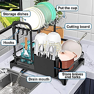 Dish Drying Rack Drainboard Set - with Swivel Spout, 2 Tier Large Capacity Rustproof Dish Rack with Cups Holder, Utensil Holder, Cutting Board Rack, 4 Hooks, Dish Drainer for Kitchen Counter