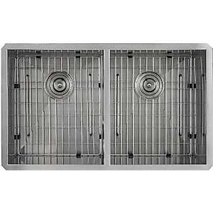 KABCO 32 Inch 16 Gauge Extra Thick Undermount Zero Radius Double Bowl Handmade Kitchen Sink with Stainless Steel Sink Strainers Bottom Sink Grids and a Rolling Grid Combo Package