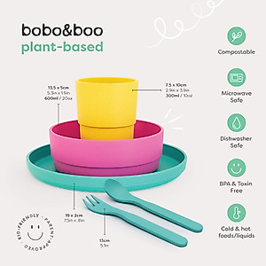 BOBO&BOO Plant-Based Dinnerware Set for Kids | Microwave & Dishwasher Safe | BPA & Melamine Free | Reusable Kids 3 Piece Set Cup, Plate and Bowl - TROPICAL
