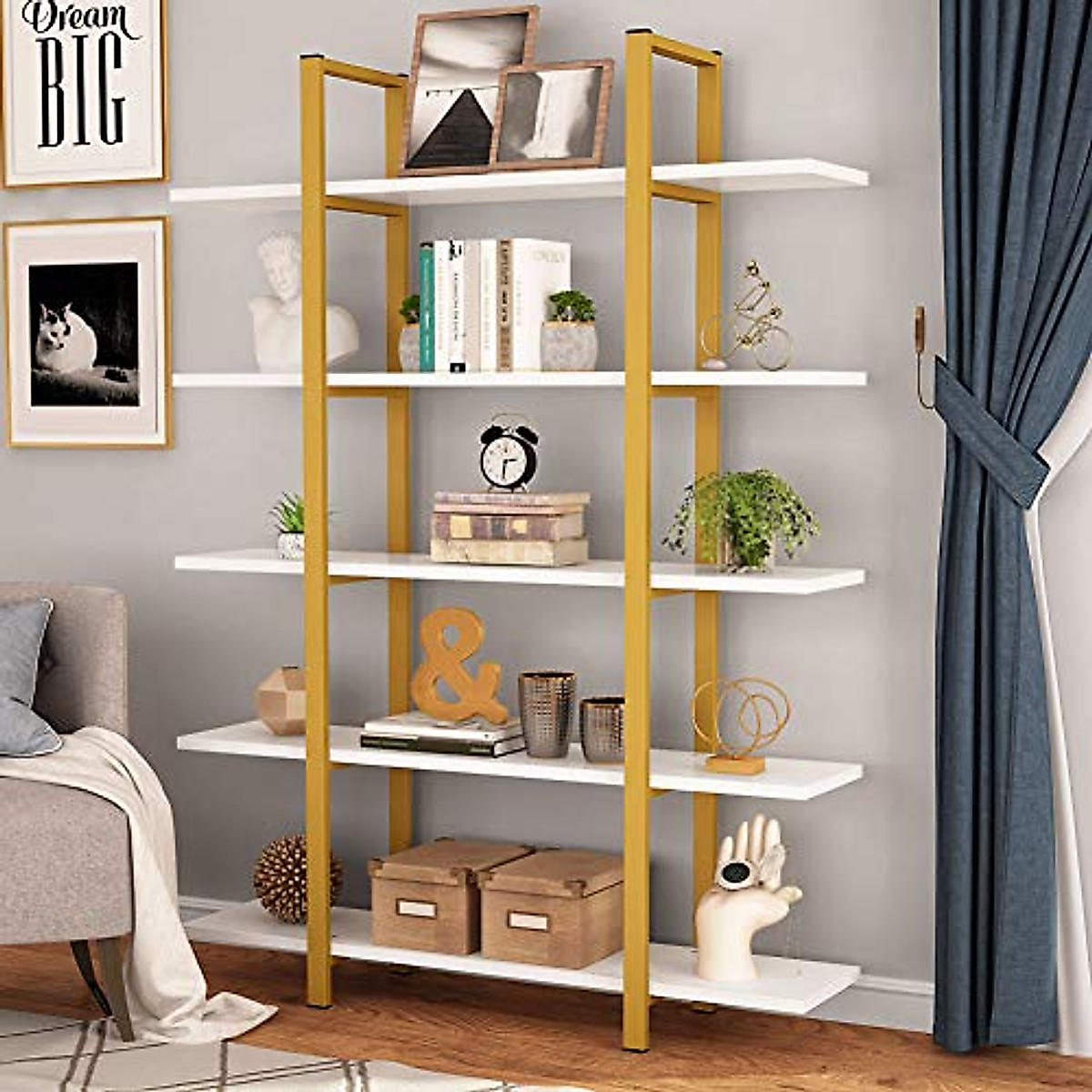 Tribesigns 5-Tier Bookshelf, Vintage Industrial Style Bookcase 70 ‘’ H x 12’’ W x 47’’L, Gold