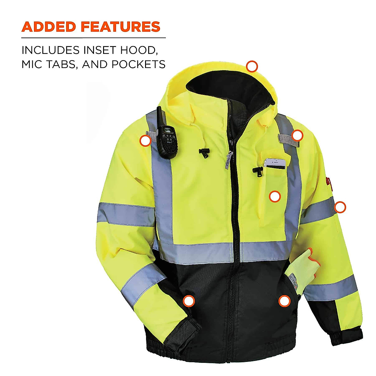 High Visibility Reflective Winter Bomber Jacket, Black Bottom, ANSI Compliant, Ergodyne GloWear 8377,2XL,Lime