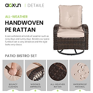 Aoxun 3 Pieces Outdoor Swivel Rocker Chair Set of 2 with Side Table Wicker Rattan Patio Furniture Set Outdoor Rocking Chair Set for Backyard, Balcony, Deck (3 Piece, Beige)