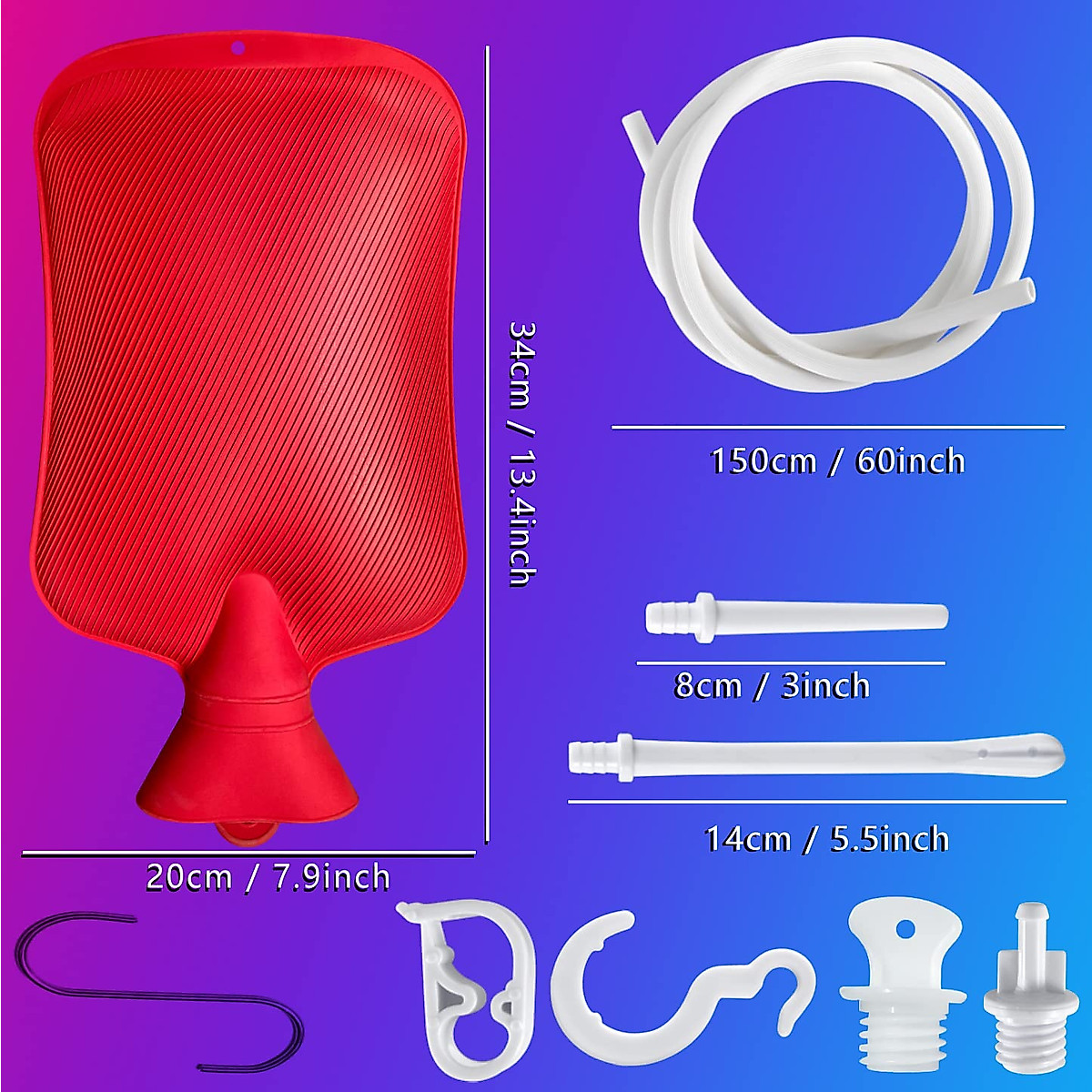 2 L Home Enema Bag Kit with 2 Enema Tips,60 inch Long Silicone Hose, Controlable Water Flow Valve, Hot-Water Bottle for Colon Cleansing Enemas（Red）