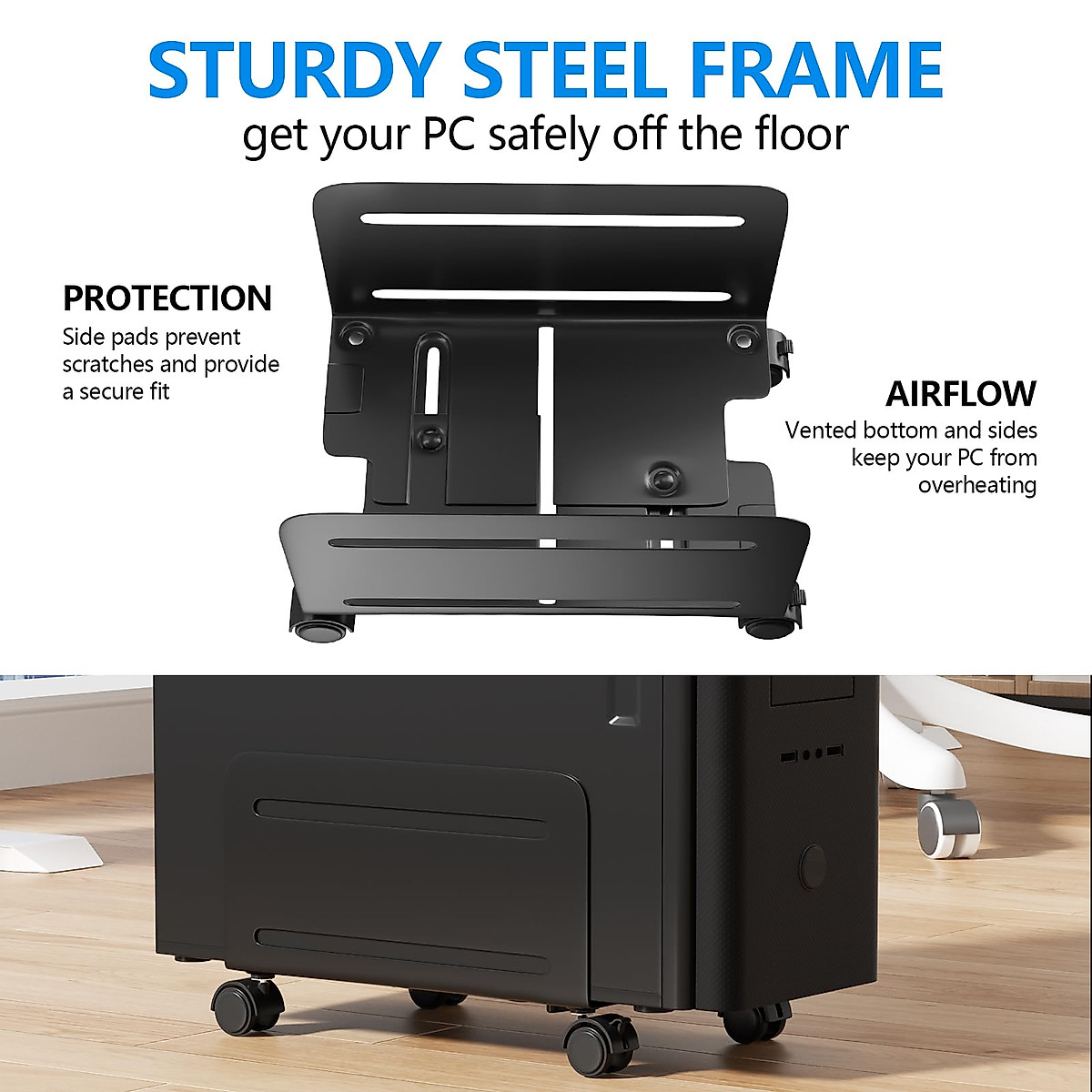 AGPTEK CPU Stand, Computer Tower Stand Adjustable Width from 4.7" to 8.2" with 2 Locking Wheels and 2 Caster Wheels, UPC Steel Rolling Stand Computer Stand for Desktop Tower (Black)