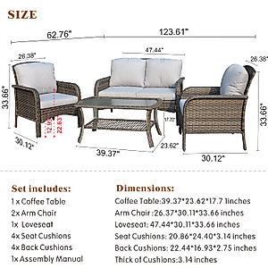 XIZZI 4 Pieces Outdoor Wicker Patio Furniture Set, All Weather Rattan High Back Loveseat with Cushions, Coffee Table and Armchairs, Modern Garden or Backyard Lounge Set (Grey Rattan-Grey Cushion)