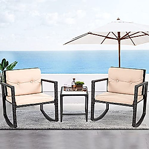 FDW Wicker Patio Furniture Sets Outdoor Bistro Set Rocking Chair 3 Piece Patio Set Rattan Chair Conversation Set for Backyard Porch Poolside Lawn with Coffee Table,Black