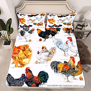Chicken Breed Fitted Sheet Beautiful Rooster Bedding Set for Kids Boys Girls Rustic Farmhouse Bed Sheet Set Breathable Farm Animal Bed Cover Room Decor Bed Set Queen Size