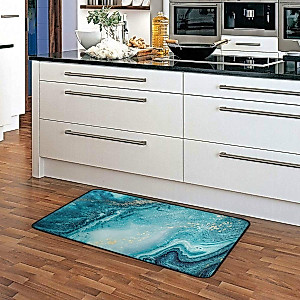 Ocean Blue Marble Kitchen Rugs Turquoise Gold Marbles Bath Rug Runner Comfort Mat Non-Slip Doormats Carpet for Bathroom Indoor 39" X 20"