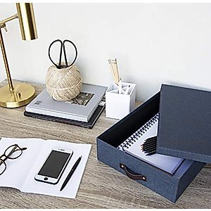 Bigso Oskar Canvas Fiberboard Document Letter Box | File Organizer Document Box for Important Paperwork | Document Storage Box with a Lid & Leather Handle | 3.3″x10.2″x13.8″ | Blue