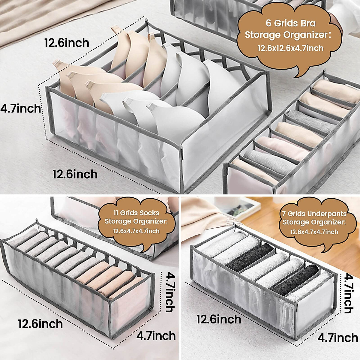6Pcs Underwear Bra Draw Organizer Storage Box Foldable Drawer Closet Organizer Boxes Wardrobe Closet Storage Organizers for Underwear Bra Socks Underpants Panties and Ties(Grey, 6/7/11)