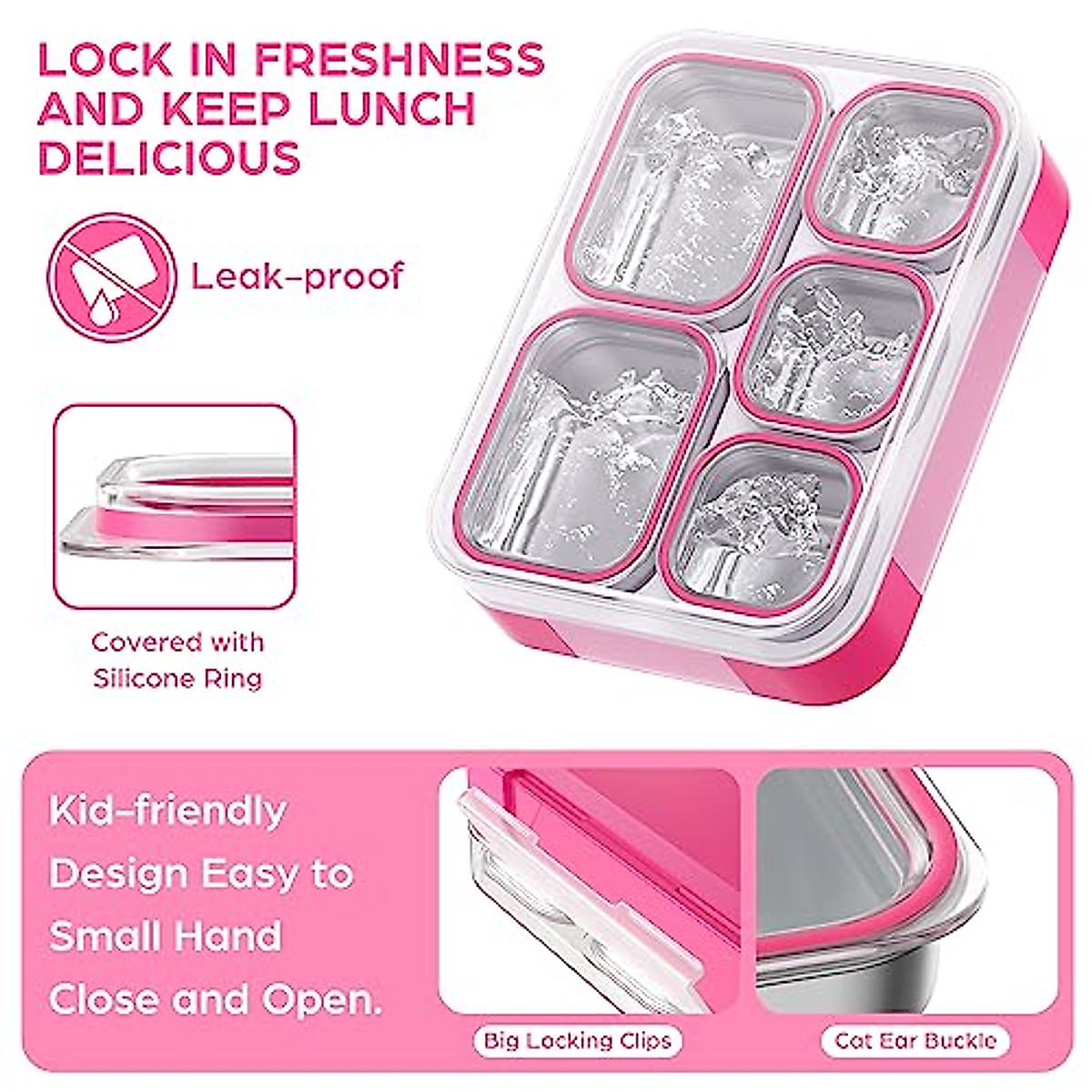 TIME4DEALS Stainless Steel Bento Lunch Box Kids Adult - Leak Proof School Lunch Container with 5-Compartment and Fork Lunch Bag Set for Toddler Child Bento Box for Work Picnic Outdoor, BPA-Free (Pink)