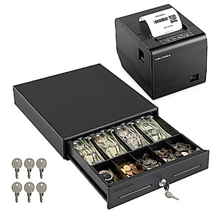 Volcora 13" Electronic Cash Register Drawer & 80mm Thermal Receipt Printer w/Auto Cutter for Point of Sale (POS) System, Small Businesses (Black)