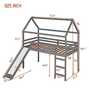 LostCat Twin Size Loft Bed with Slide, House Shaped Solid Pine Wood Bed Frame with Safety Guardrail & Ladder, No Box Spring Needed, Save Space Design for Kids, Teens, Girls, Boys, Grey