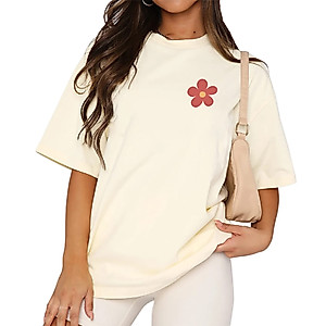 Cioatin Women’s Aesthetic Y2K Oversize Tee Shirt Top Floral Slogan Letter Graphic Drop Shoulder Short Sleeve Tshirt Apricot