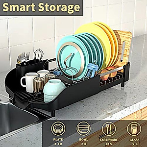 Dish Drying Rack, Expandable Dish Rack for Kitchen Counter(14'' to 20") Auto-Drain Stainless Steel Cutlery Rack and Utensil Holder, Kitchen Dish Drainer Rack - Black