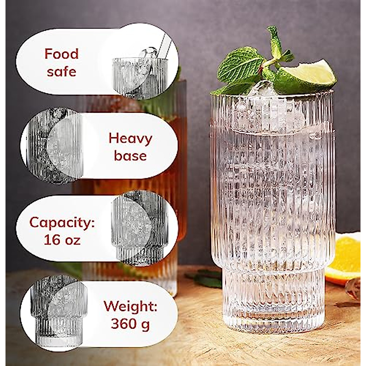 Huge Estate 16OZ Ribbed Glassware, Luxurious Glass Drinking Cups with Matching Straws – Vintage Drinking Glasses for Water Iced Coffee Smoothie Juice – 4pcs Ribbed Glasses