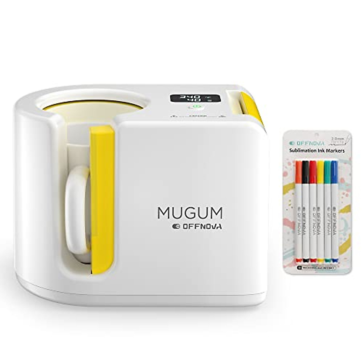 OFFNOVA Mug Heat Press, 11-14oz Sublimation Tumbler Heat Press Machine with LCD, Including 1X Blank Mug, 6X HTV Ink Markers and Pens (MUGUM)