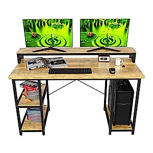 Halter Wood Computer Desk with Monitor Shelf, 55 inch Industrial Studio Gaming Desk with Storage, Dual Monitor Stand, Home Office PC Desk, Modern Rustic Compact Writing Desk, Walnut and Black