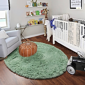 ONASAR Sage Green Round Area Rug 4ft, Soft Bedroom Circle Rugs for Kids Girls Teen Room, Cute Furry Plush Shaggy Carpet for Baby Nursery Living Room Playroom Home Decor Princess Castle