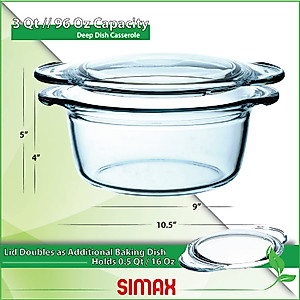 Simax Casserole Dish with Lid, Glass Casserole Dish, Holds 96 Oz (3 Quarts), Oven to Table Serving Dish, Microwave, Dishwasher, and Oven Safe Cookware