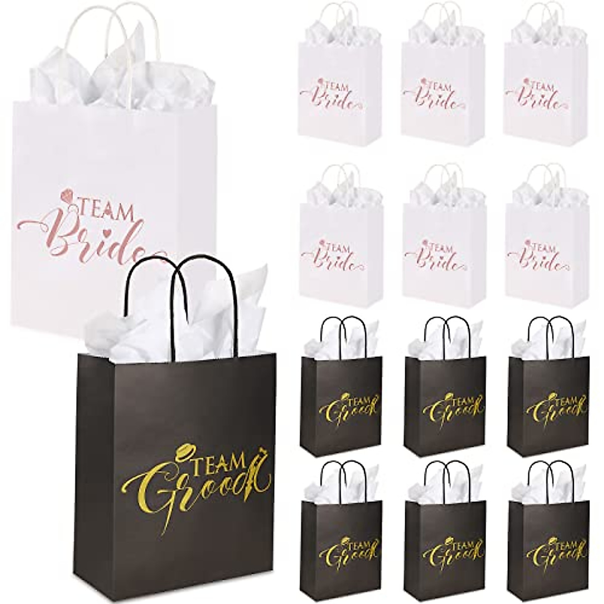 12 Pcs Bridal Party Gift Bags and 12 Tissue Paper Sets Team Bride and Team Groom Wedding Favor Bags Bridesmaid Gift Wrap Bags for Wedding Proposal Bridal Shower Gold and Rose Gold Foiled with Handle