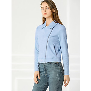 Allegra K Women Short Soft Zip Up Faux Suede Biker Moto Jacket Small Light Blue