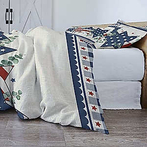 Lsrtoss 4th of July Queen Duvet Cover Set for All Season, Independence Day Eucalyptus Leaves Blue Red Star Microfiber 3 Piece Bedding Set with 2 Pillowcases & 1 Quilt Cover, 90" W x 92" L, Queen Size