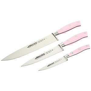 ARCOS Forged Professional Kitchen Knives Set. 3 Cooking Knives for Cutting and Peeling Food. Ergonomic Polyoxymethylene Handle. Series Riviera. Color Rose