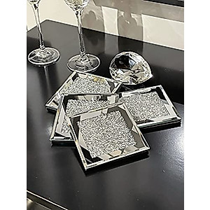 Glass Coasters for Drinks, Set of 4, Diamond Decor, Silver Crystal Coaster, Mirrored Elegant, Fancy, Glam, for Home Kitchen Table Bar Accessories, Square (4" x 4")