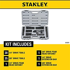 STANLEY Mechanics Tool Set, SAE, 1/4 in. & 3/8 in Drive, 69 Piece, Black Chrome (92-824)