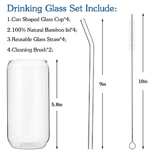 YMQAHWY 4Pcs Set Drinking Glasses with Bamboo Lids and Glass Straw, 16oz Can Shaped Glass Cups, Beer Glasses, Iced Coffee Cups, Glass Tumbler Include 2 Cleaning Brushes, Great for Cocktail,Gifts