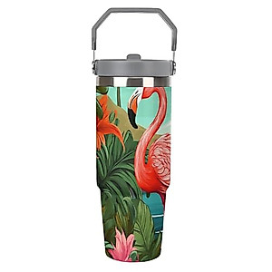 BWQJKUO Large Capacity Car Cup 30 Oz Stainless Steel Tropical Flamingo Printed Travel Mug Leak-proof Flip Straw Tumbler with Handle,keeps Cold Or Ho