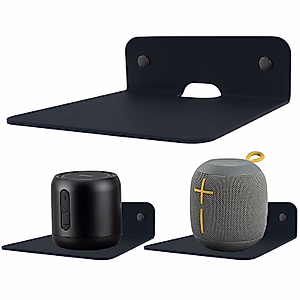 WISDING Small Floating Shelves, 4.25'' Wall Metal Speaker Mount Shelves for Bluetooth Speaker, Webcam, Cell Phones, Mesh Router, Toy Display Shelf Speakers Shelf, 2 Pack, Black, JSZWJ001