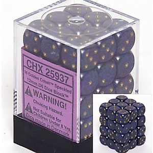 Chessex Dice d6 Sets: Golden Cobalt Speckled - 12mm Six Sided Die (36) Block of Dice