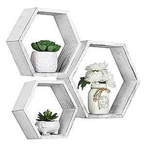 SEHERTIWY Hexagonal Floating Shelves Wall Mounted Set of 3 Wood Farmhouse Storage Honeycomb Wall Shelf for Bathroom, Kitchen, Bedroom, Living Room, Office,Driftwood Finish