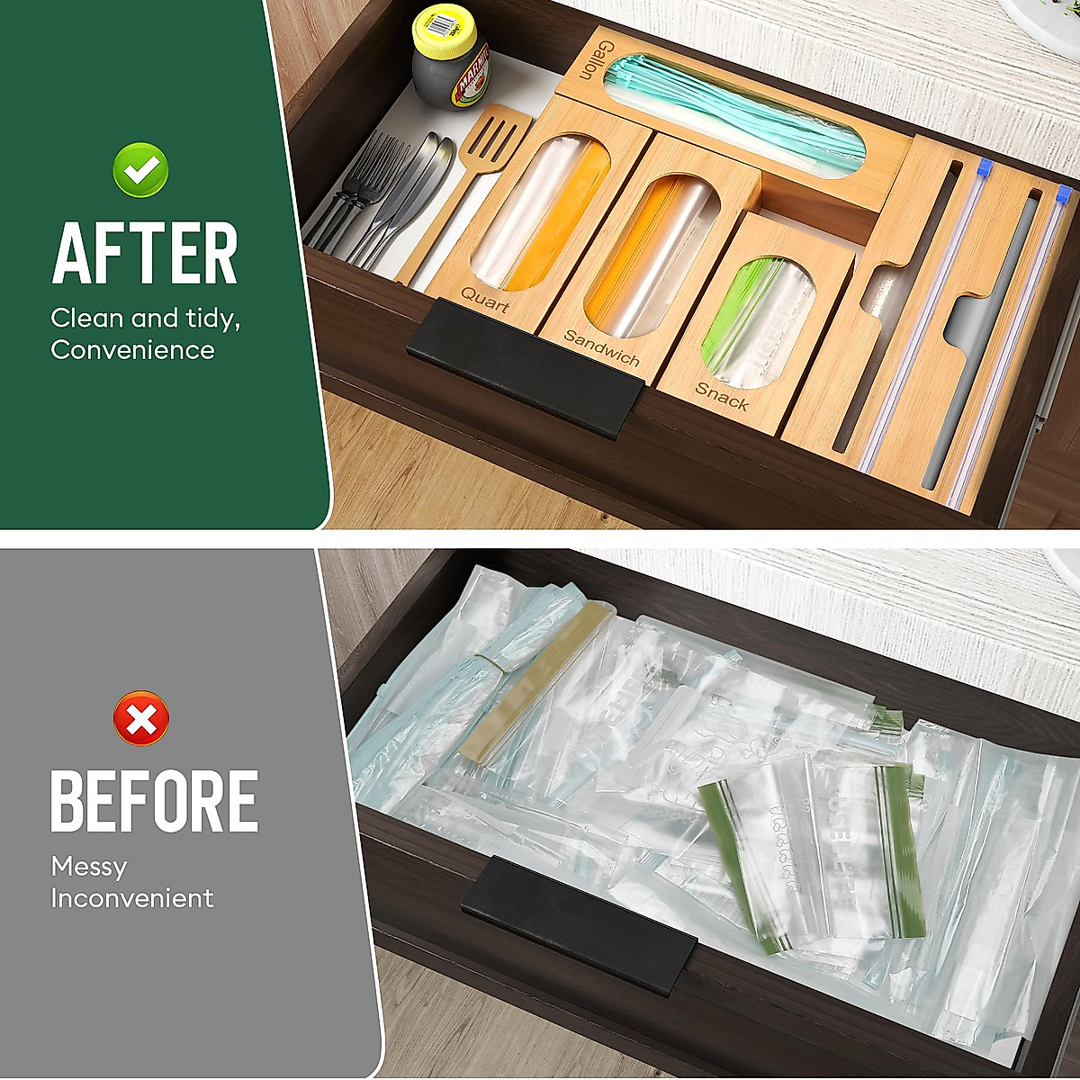 Openable Bamboo Ziplock Bag Storage Organizer & Foil and Plastic Wrap Organizer, Plastic Wrap Dispenser with Cutter and Ziplock Bag Organizer for Kitchen Drawer, 5 Baggie Organizer for Gallon,Quart,Sandwich,Snack