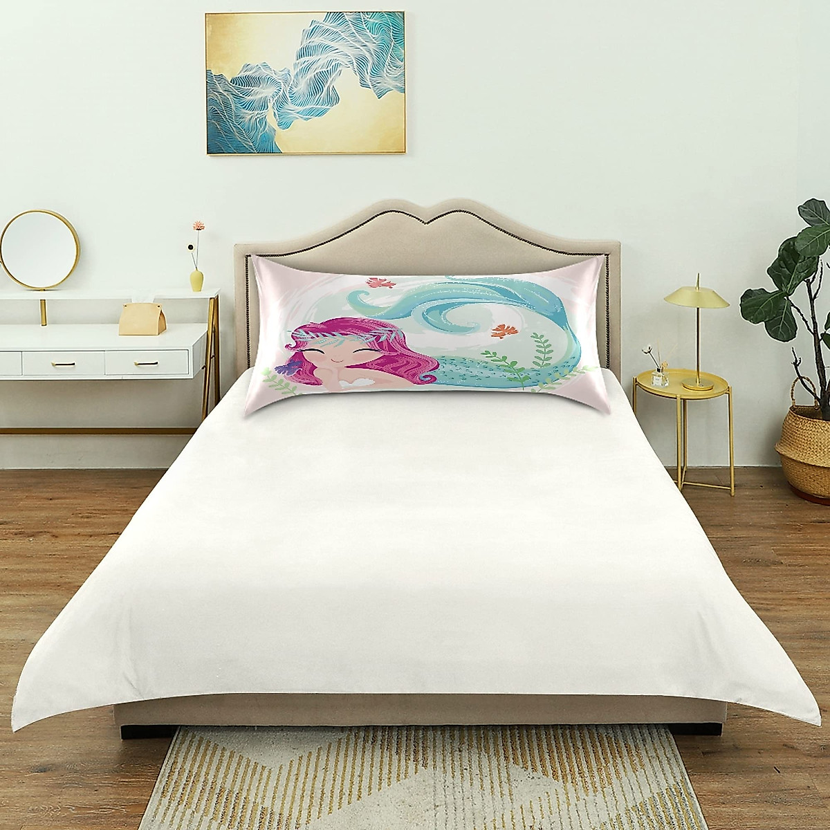 Dalzium Cute Mermaid Satin Pillowcase for Hair and Skin, Ocean Mermaid Girl Silk Pillow Case with Envelope Closure, Standard Size 20x26 inches, Pink, 1 PC