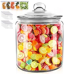 Masthome Cookie Jar, 1.5 Gallon Glass Jar with Lid, Large Glass Storage Containers, Clear Glass Jars, Wide Mouth Glass Jars with Lid for Flour Candy Cookie Coffee Bean, 15 Food Storage Bags