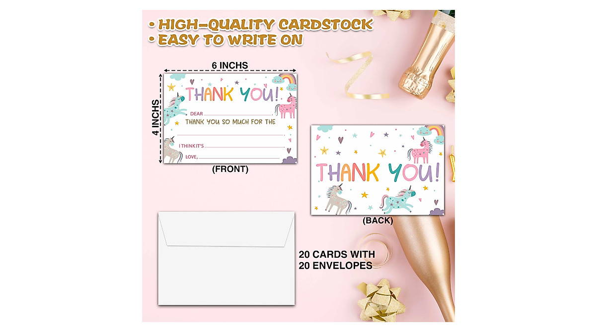 Magic Unicorn Thank You Cards for Kids - 20 Pack
